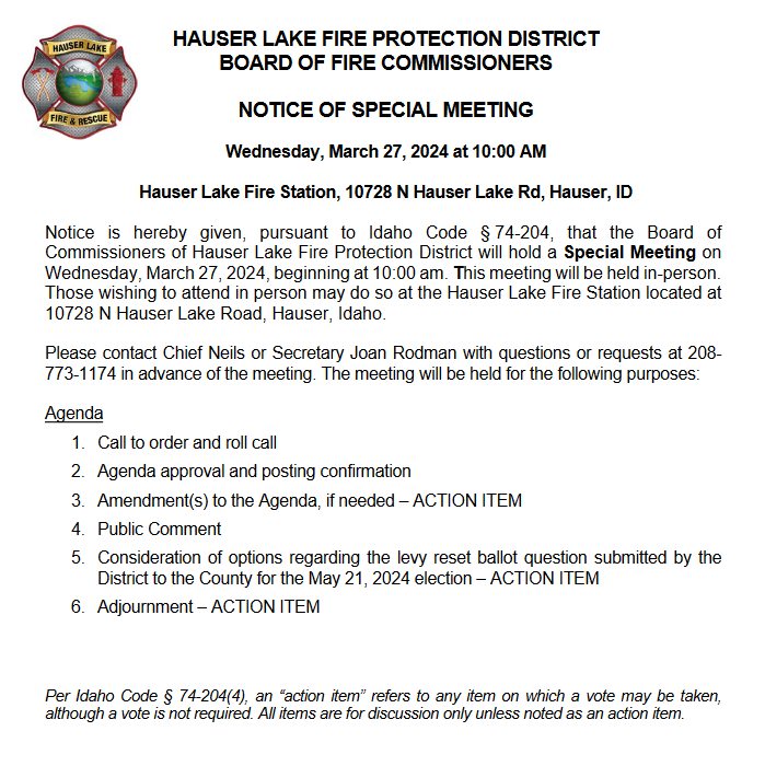 Special Meeting 3-27 – Hauser Fire